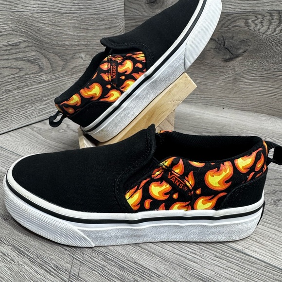 Vans | Shoes | Vans Slip On Black Orange Fire Flames Skate Sneakers ...